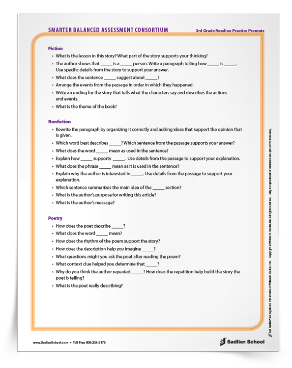 SBAC Reading Practice Prompts 3 5 Download Sadlier School